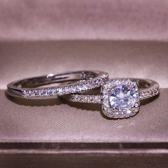 Jewelry | New 925 Sterling Silver Diamond Halo 2p Ring Set | Poshmark